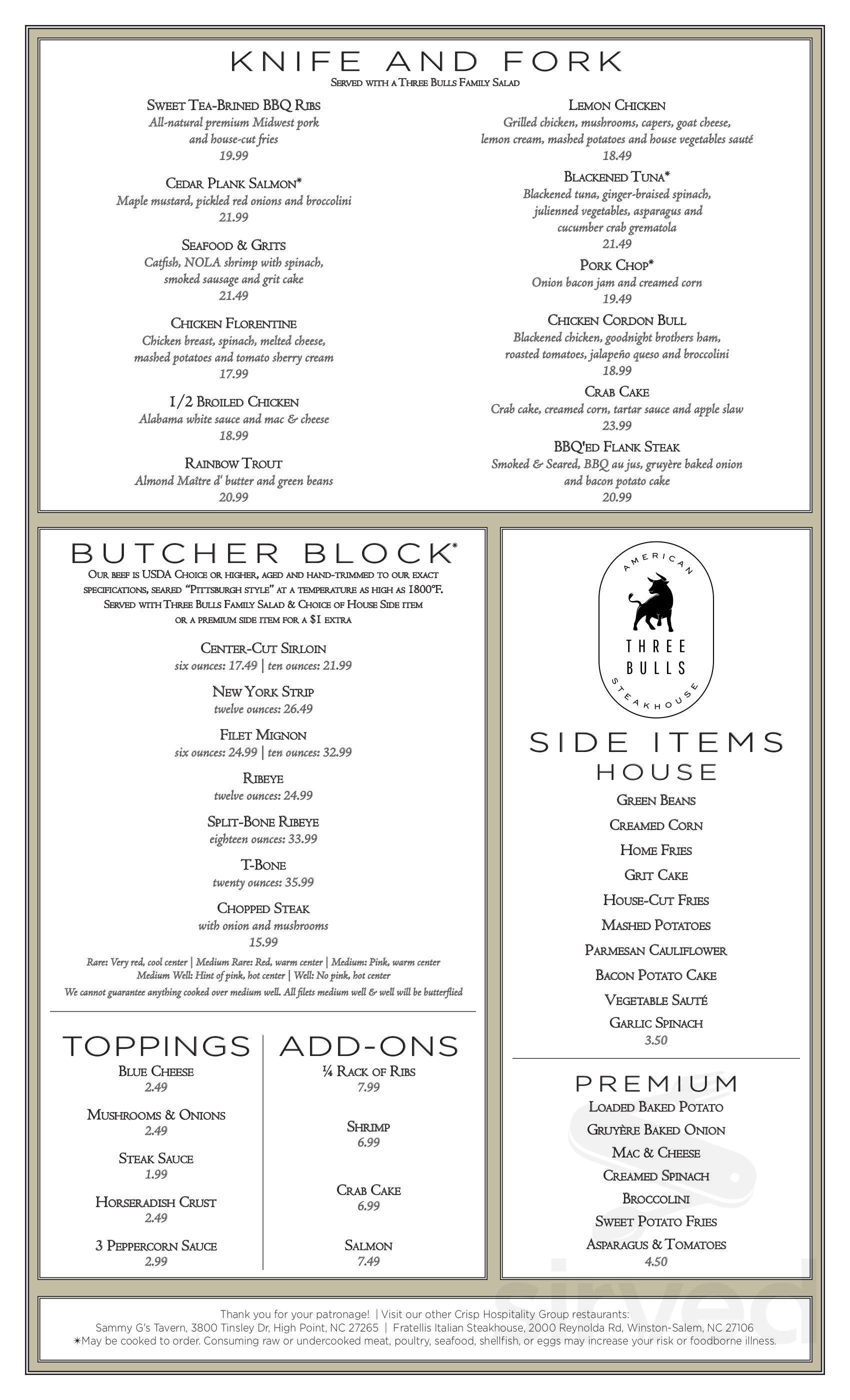 Three Bulls American Steakhouse menu in Clemmons, North Carolina, USA