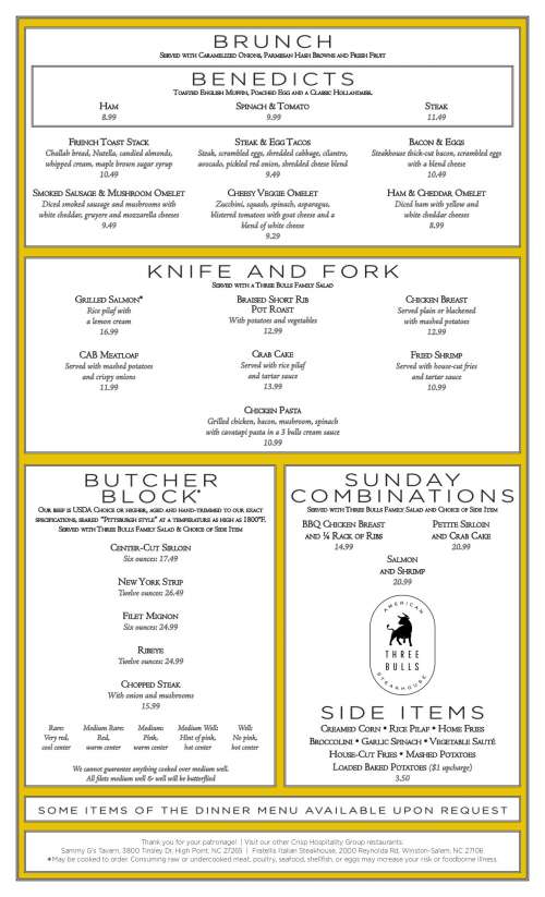 Three Bulls American Steakhouse menu in Clemmons, North Carolina, USA