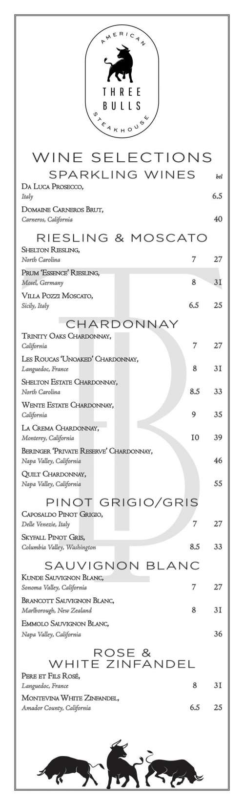 Three Bulls American Steakhouse menu in Clemmons, North Carolina, USA