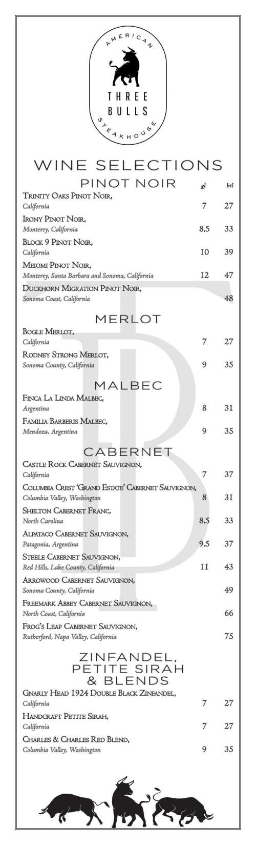 Three Bulls American Steakhouse menu in Clemmons, North Carolina, USA