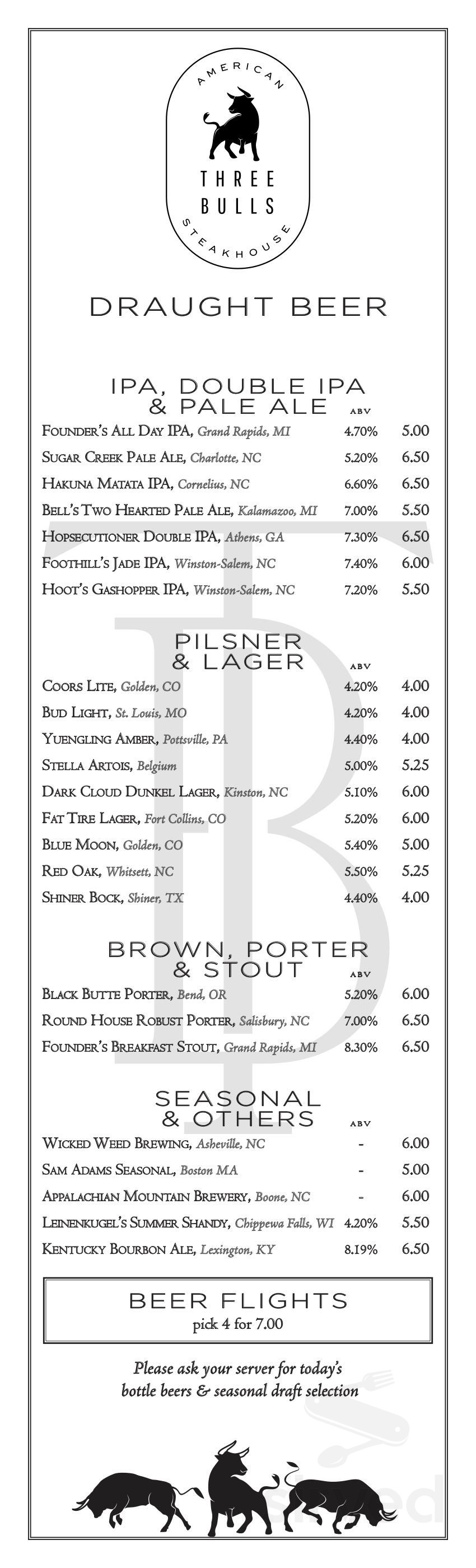 Three Bulls American Steakhouse menu in Clemmons, North Carolina, USA