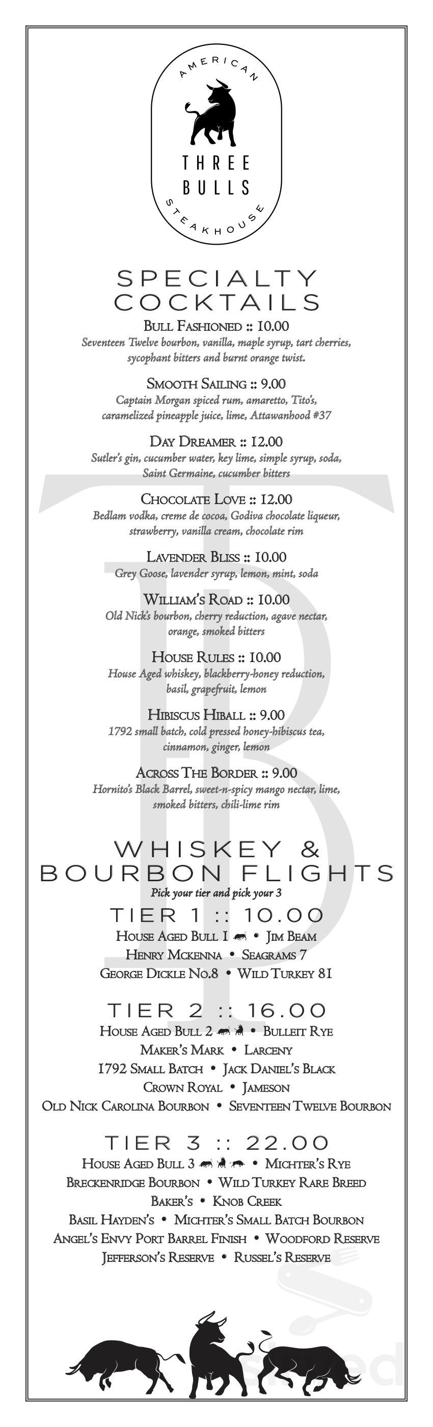 Three Bulls American Steakhouse menu in Clemmons, North Carolina, USA