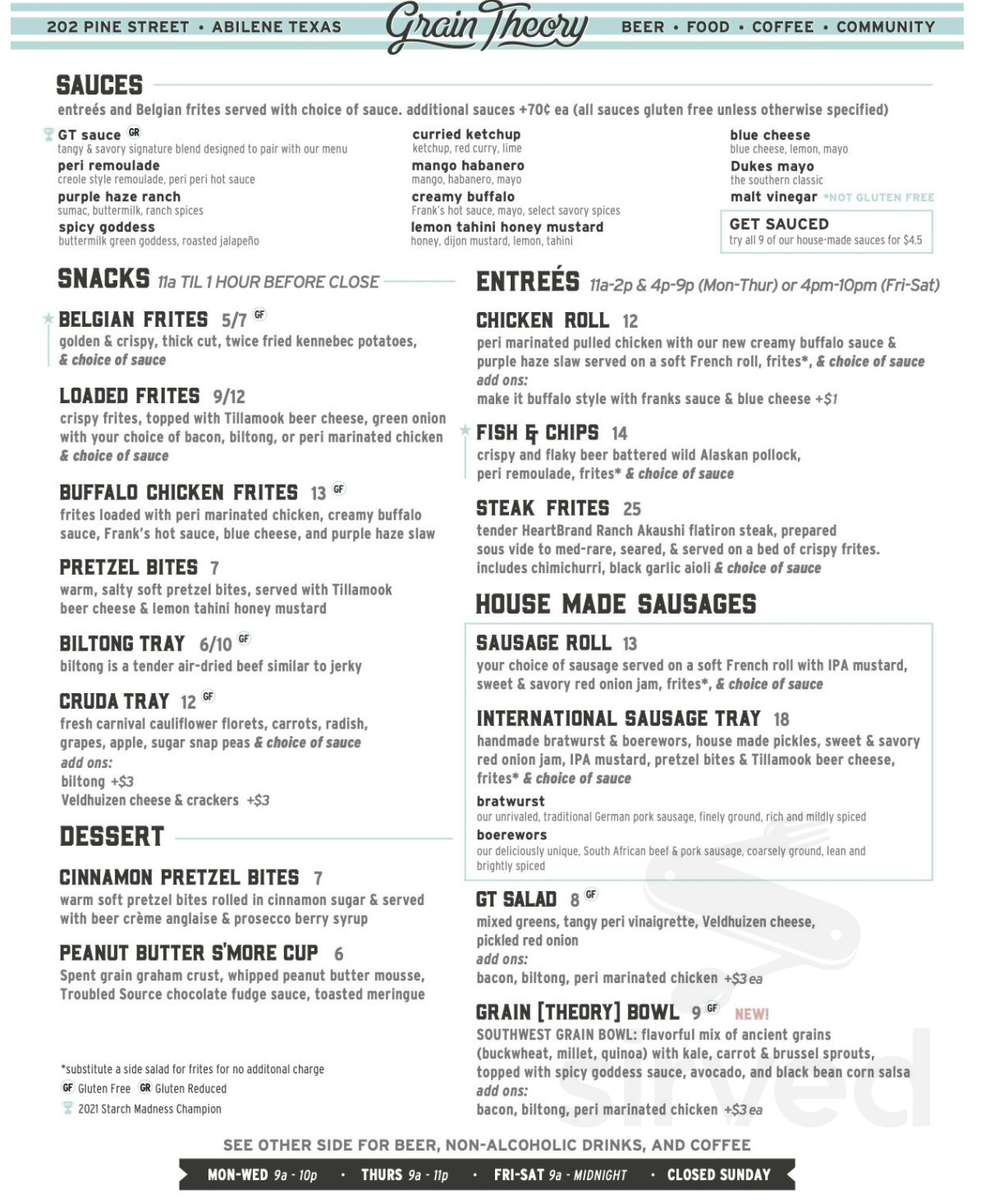 Grain Theory menu in Abilene, Texas, USA