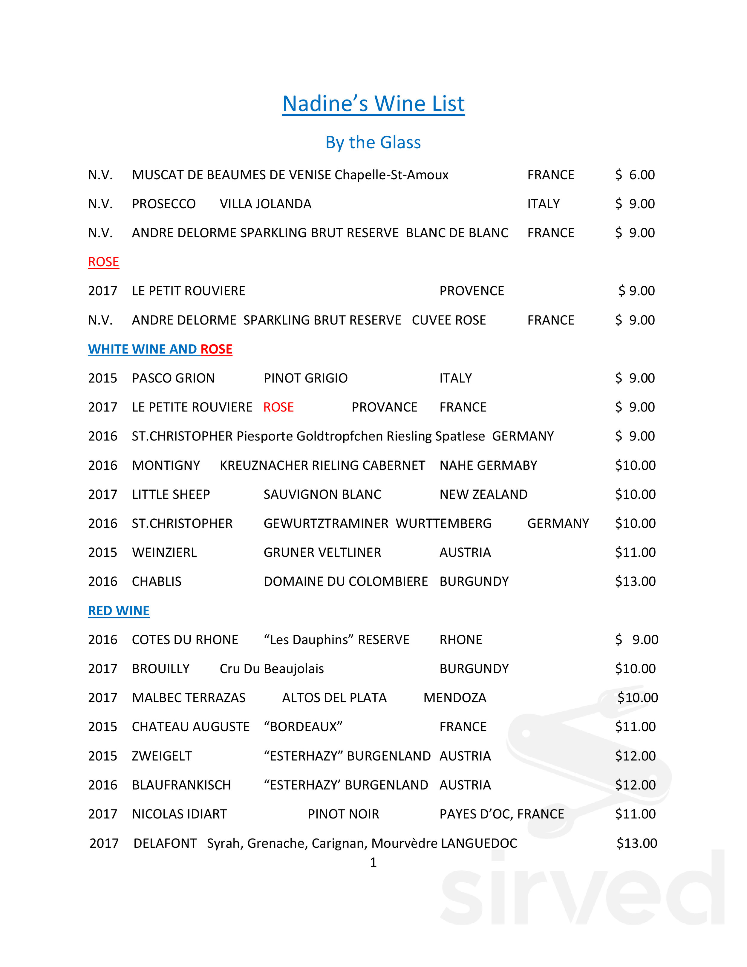 Nadine's menu in Yorktown Heights, New York, USA