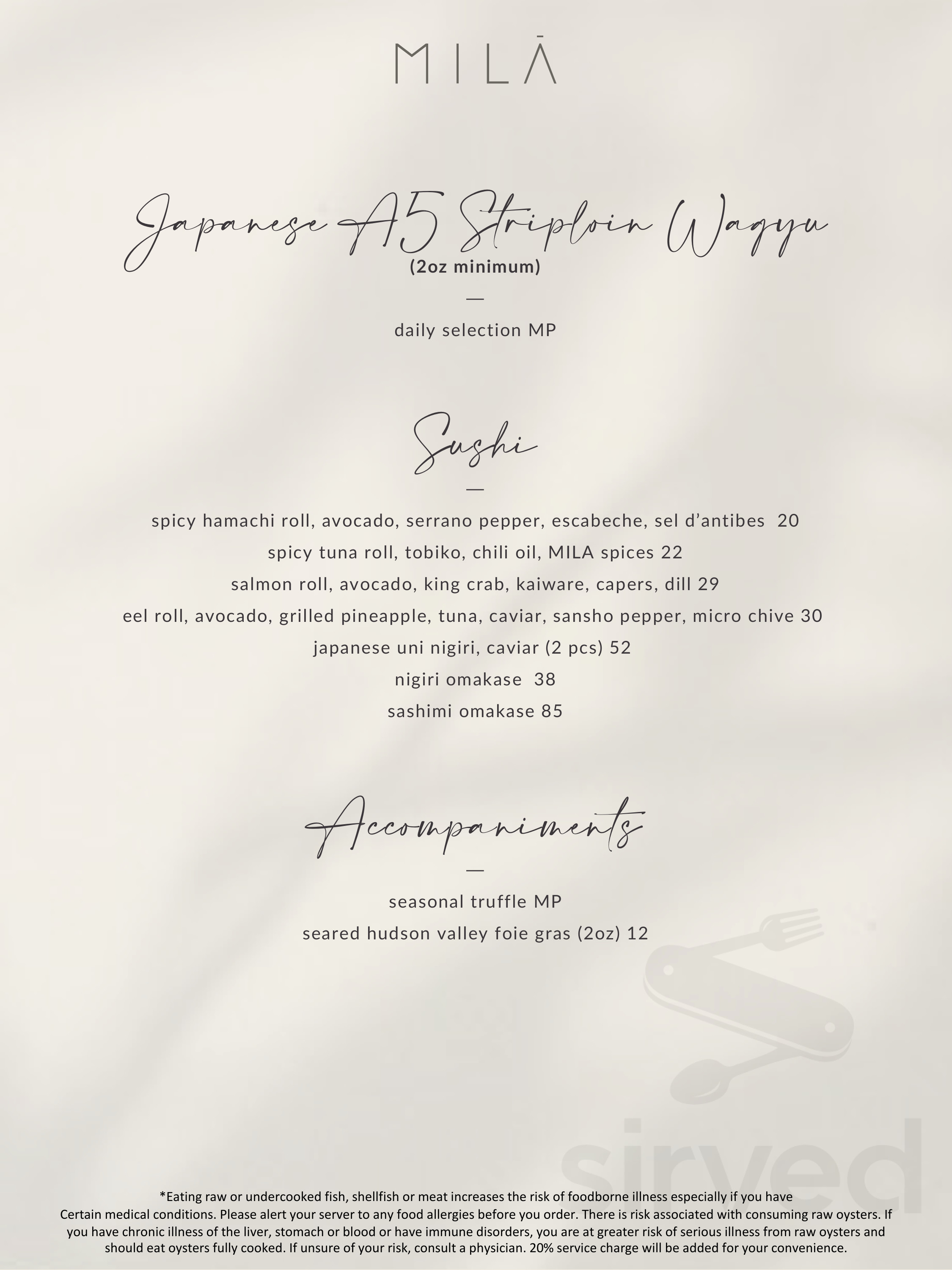 Menu - Miami Beach FL's MILA Restaurant, Rooftop Lounge & Mixology Bar ...