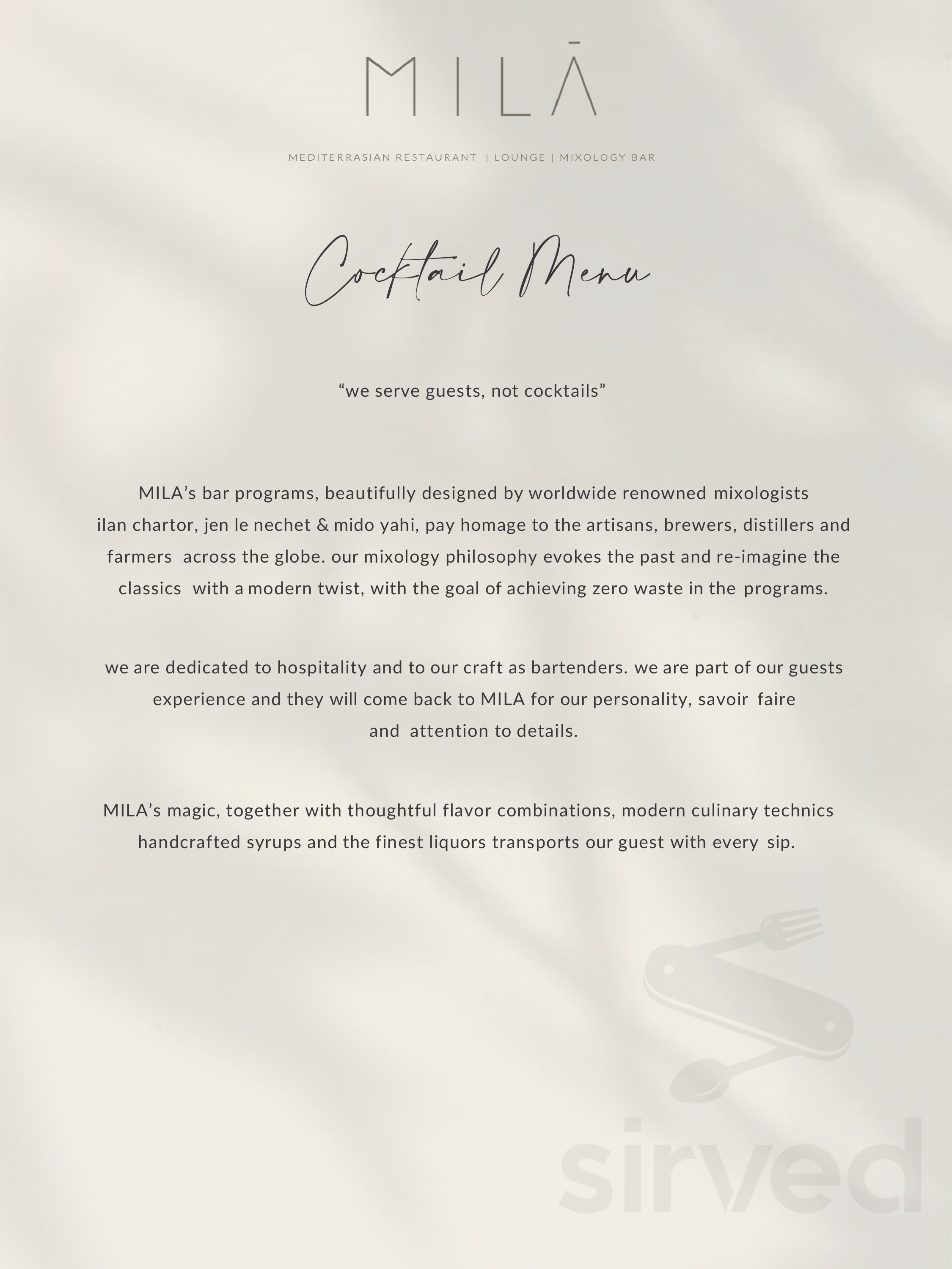 MILA Restaurant, Rooftop Lounge & Mixology Bar menu in Miami Beach ...