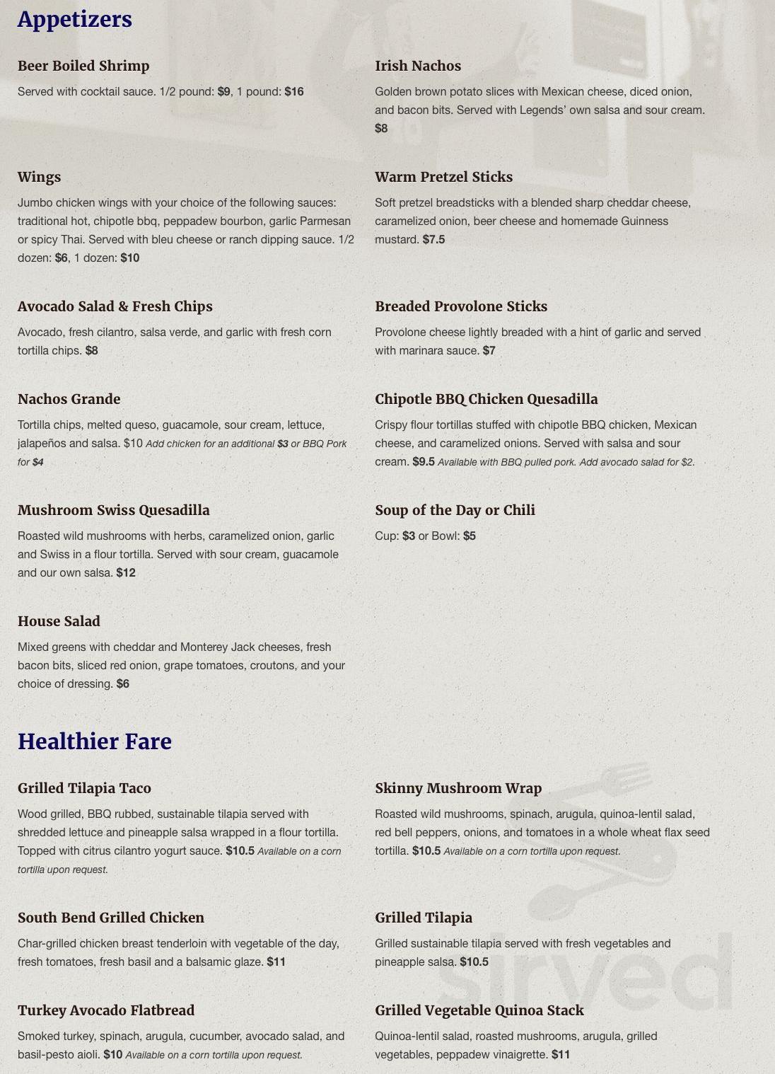 Legends menu in Notre Dame, Indiana, USA