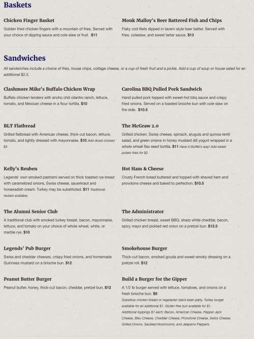 Legends menu in Notre Dame, Indiana, USA