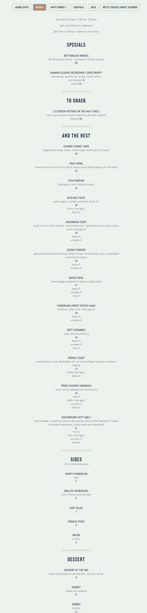 Copal menu in Miami, Florida, USA