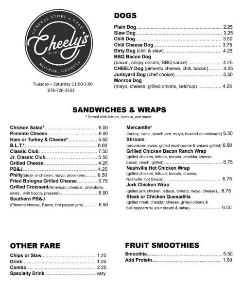 Cheely's General Store menu in Monroe, Georgia, USA