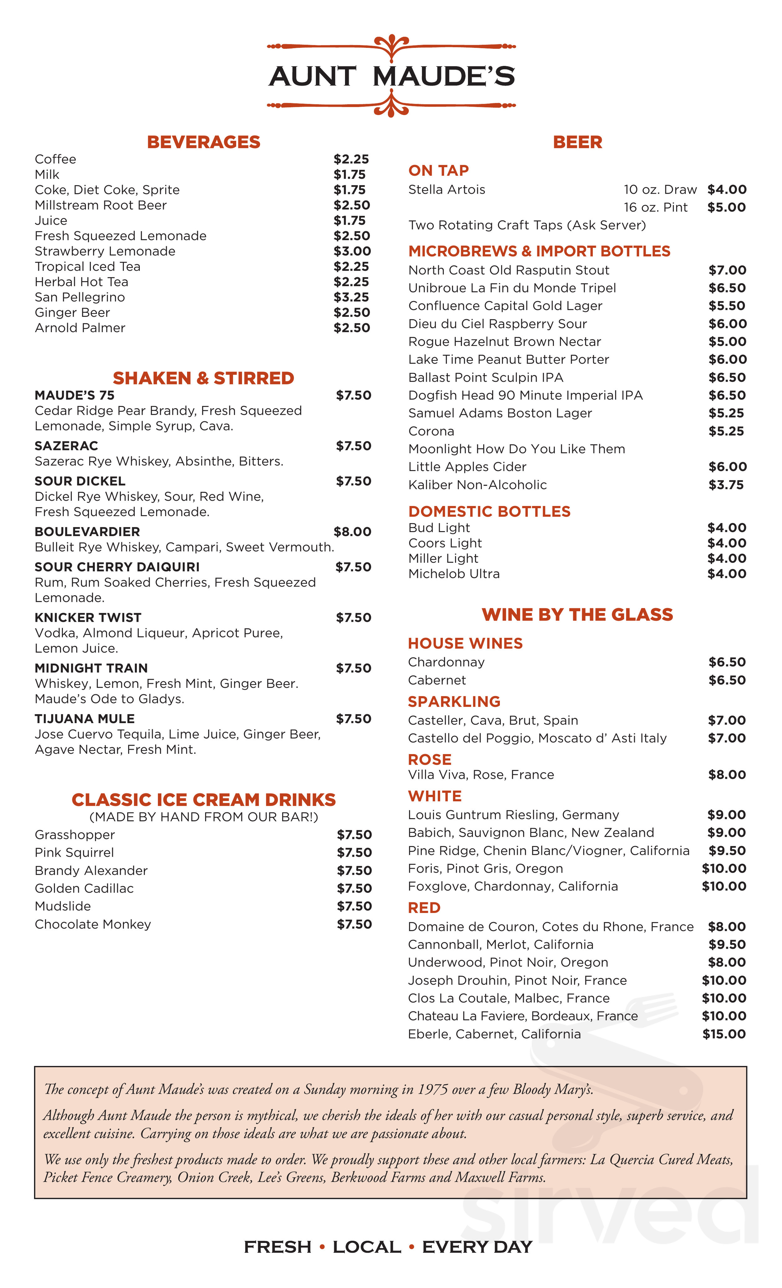 Aunt Maude's menu in Ames, Iowa, USA