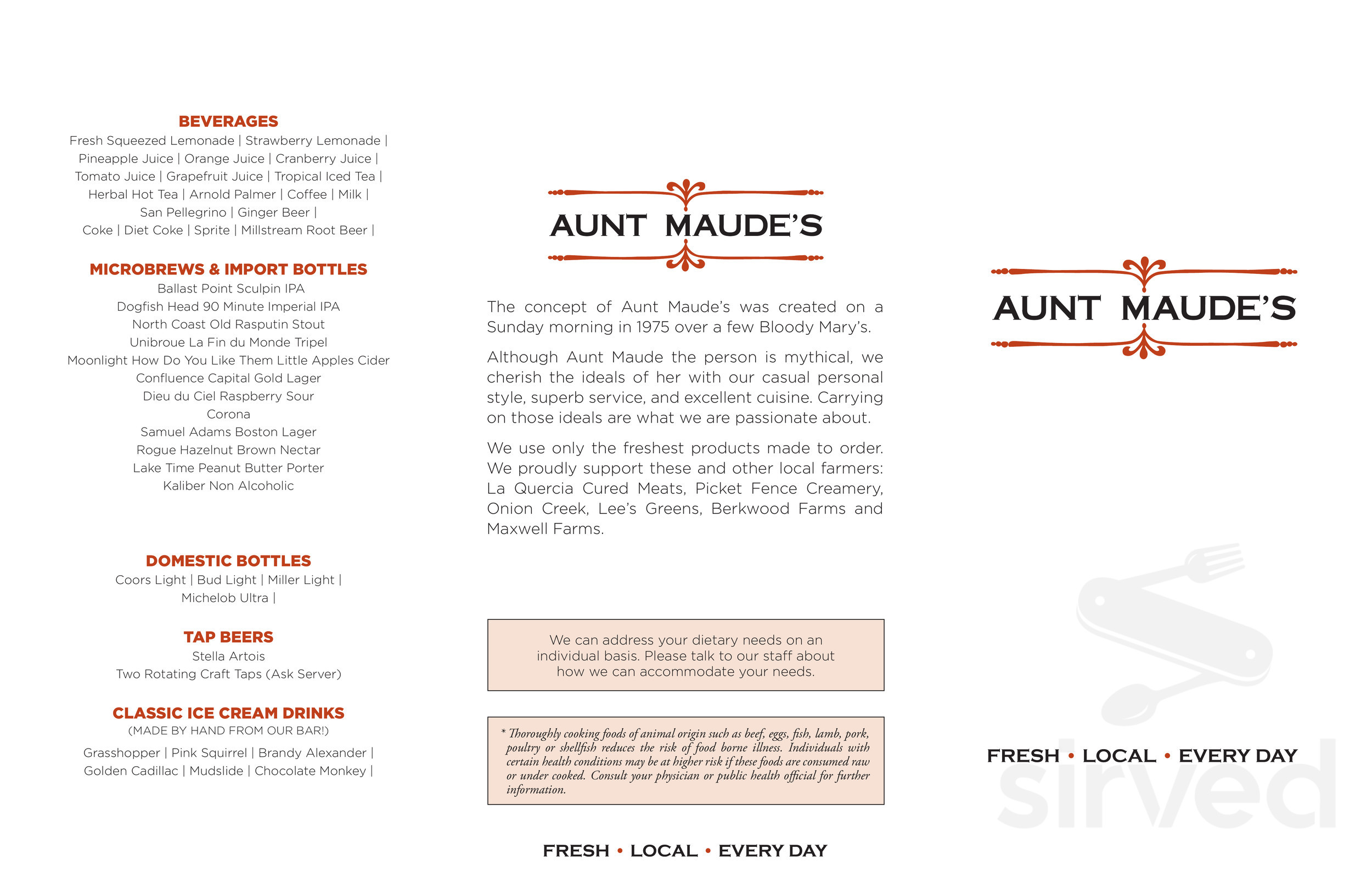 Aunt Maude's menu in Ames, Iowa, USA