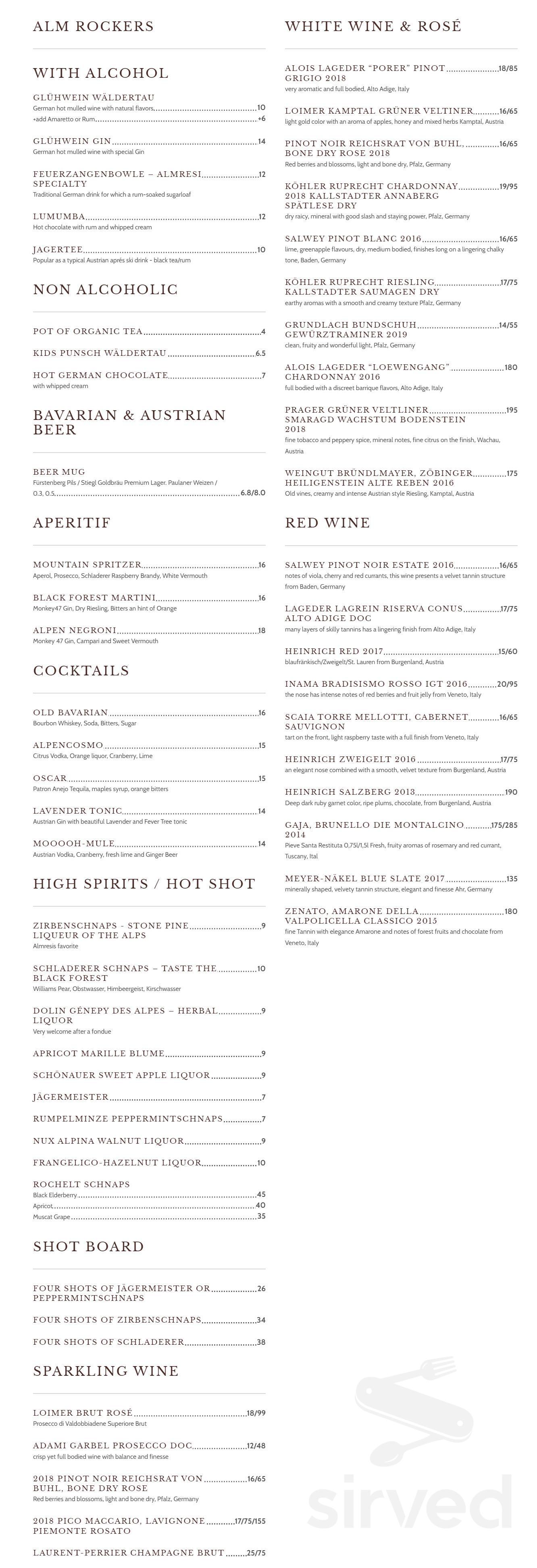 Almresi-Aspen menu in Aspen, Colorado, USA