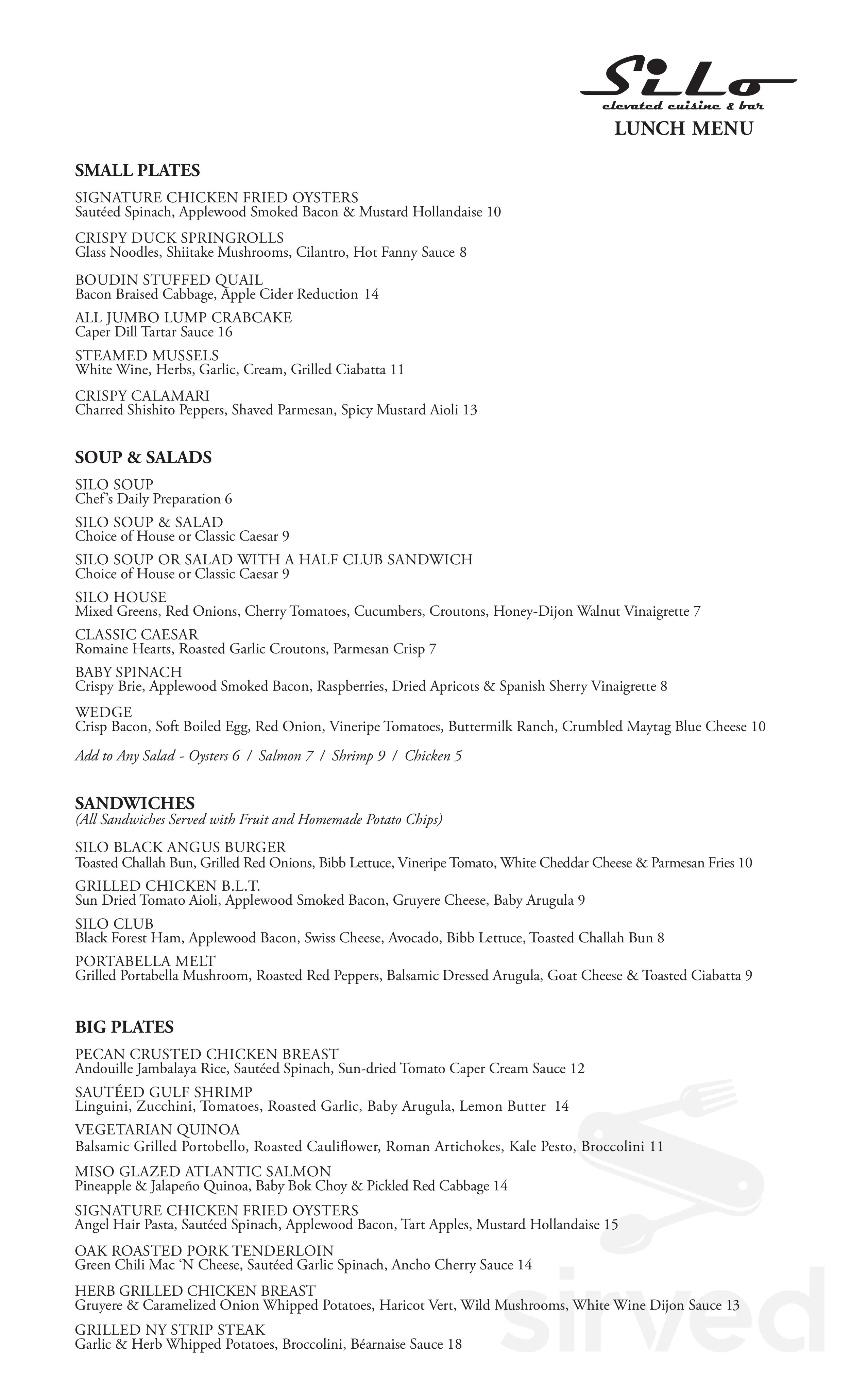 SILO Prime menu in San Antonio, Texas, USA