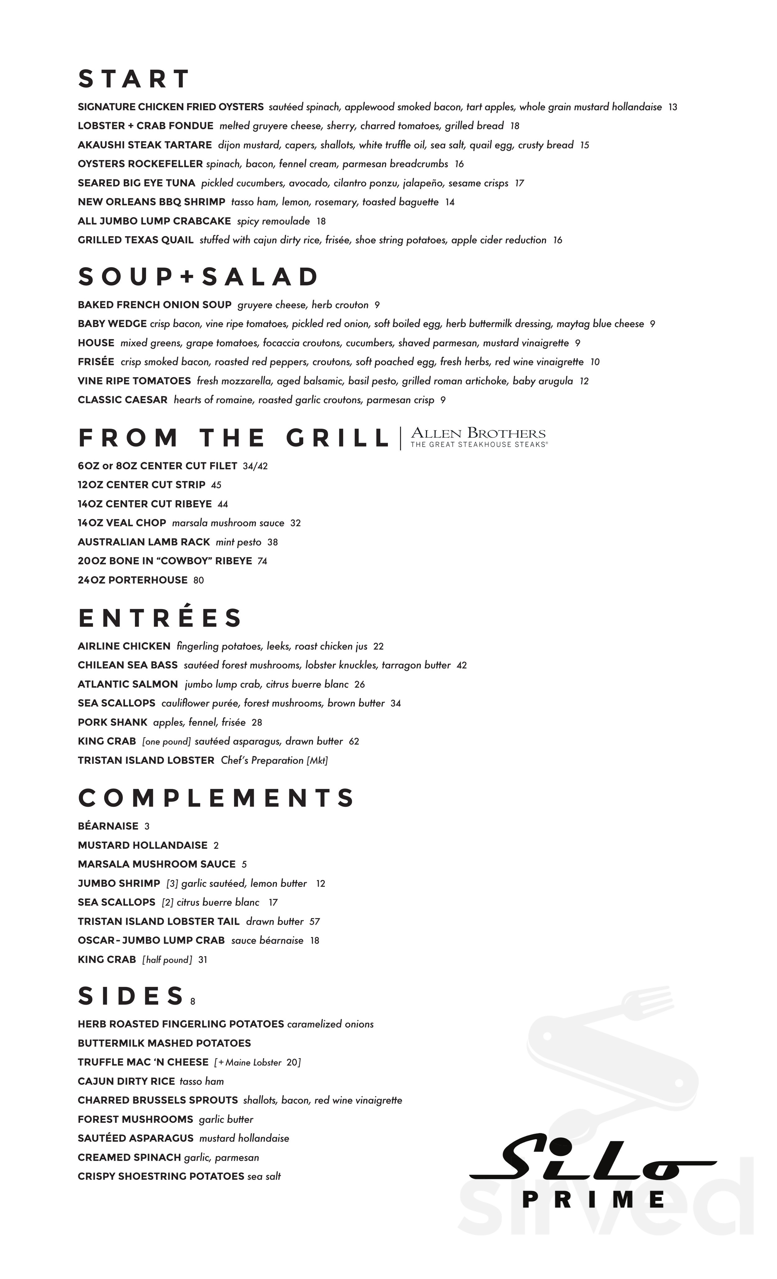 SILO Prime menu in San Antonio, Texas, USA