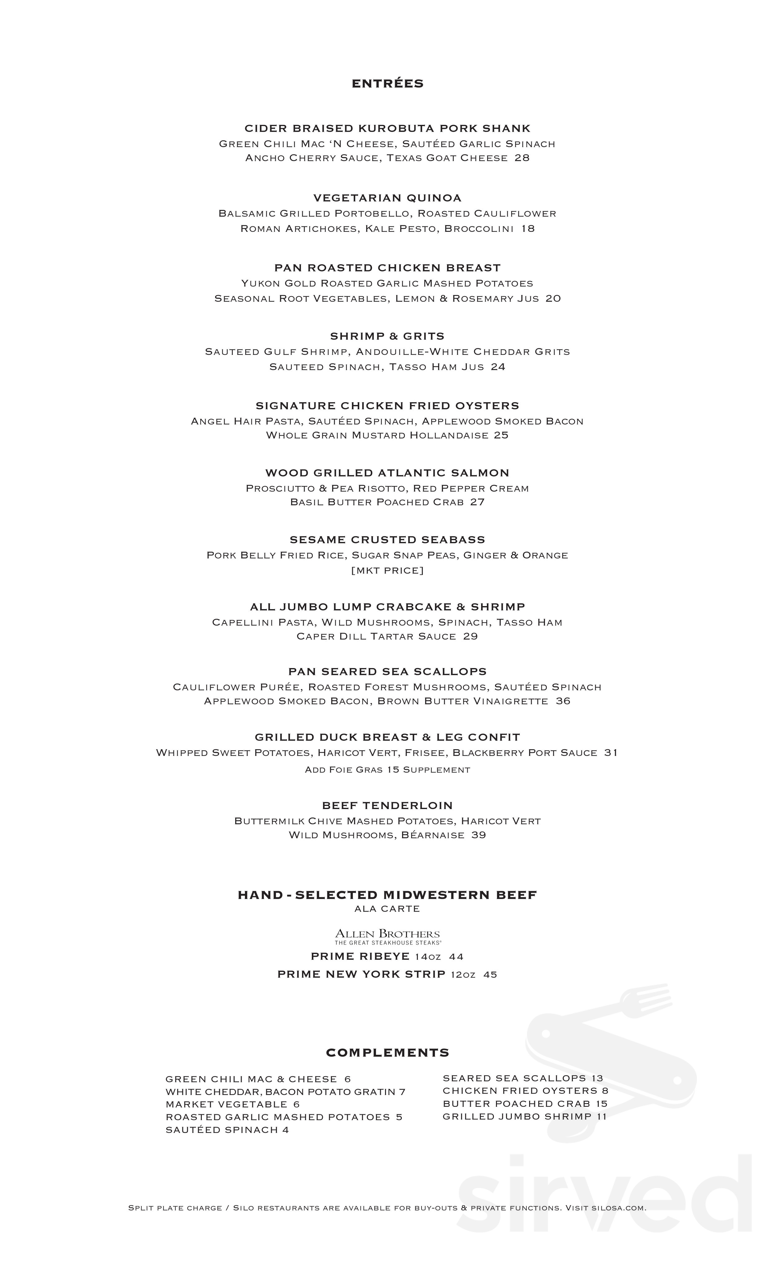 SILO Prime menu in San Antonio, Texas, USA