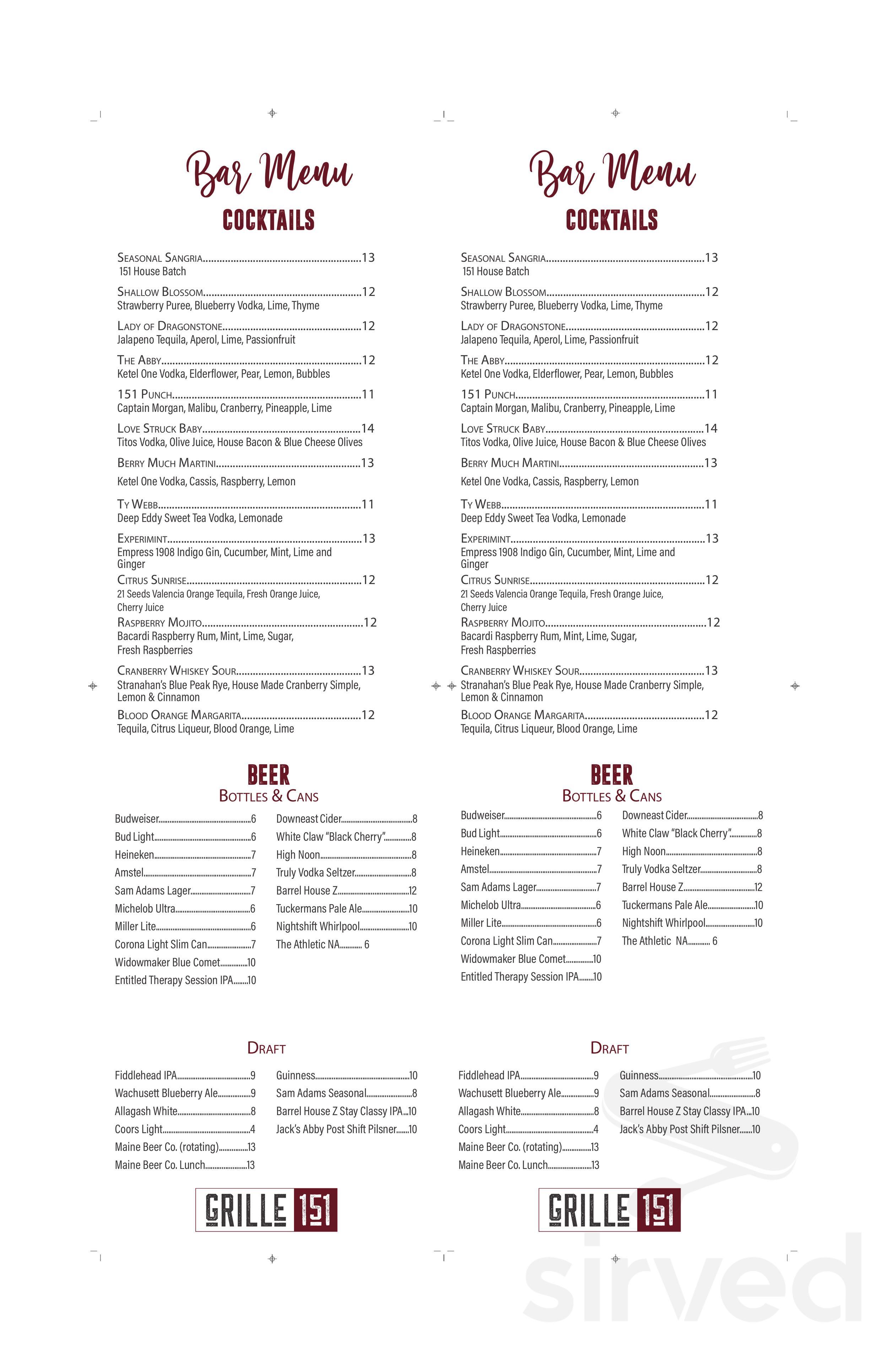 Grille 151 menu in Weymouth, Massachusetts, USA