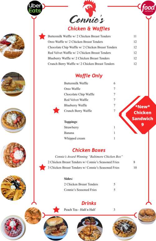 Connie's Chicken and Waffles menu in Baltimore, Maryland, USA