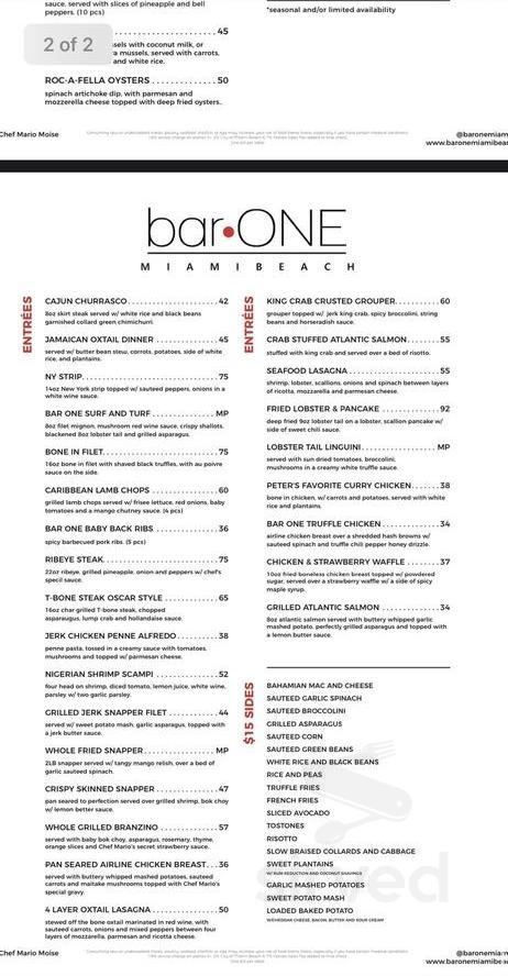Bar One Miami Beach menu in Miami Beach, Florida, USA
