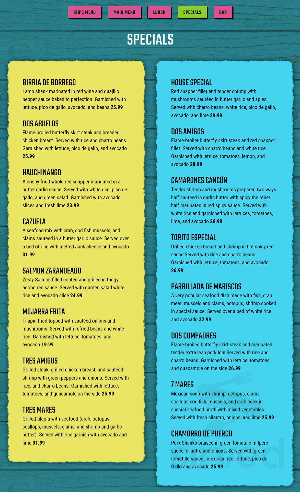 Torito Mexican Restaurant menu in Danvers, Massachusetts, USA