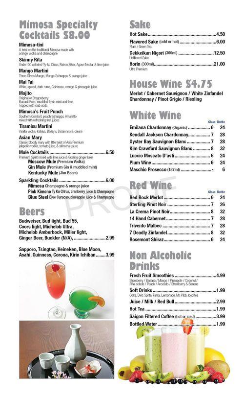 Mimosa menu in Springfield, Illinois, USA