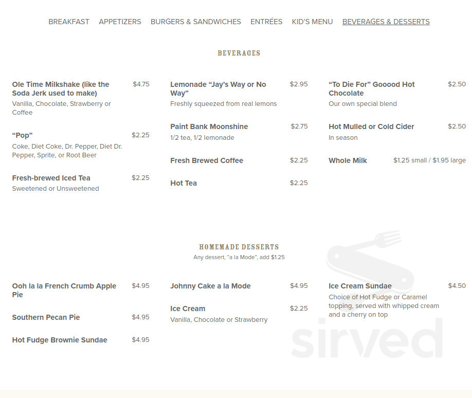 Menu for Swinging Bridge in Paint Bank, VA | Sirved