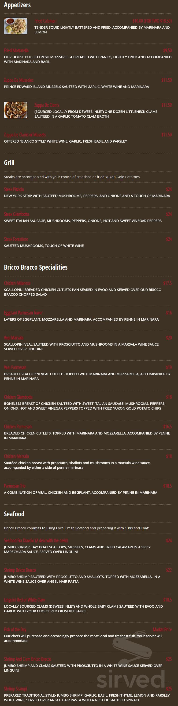 Bricco Bracco menu in Mt Pleasant, South Carolina, USA