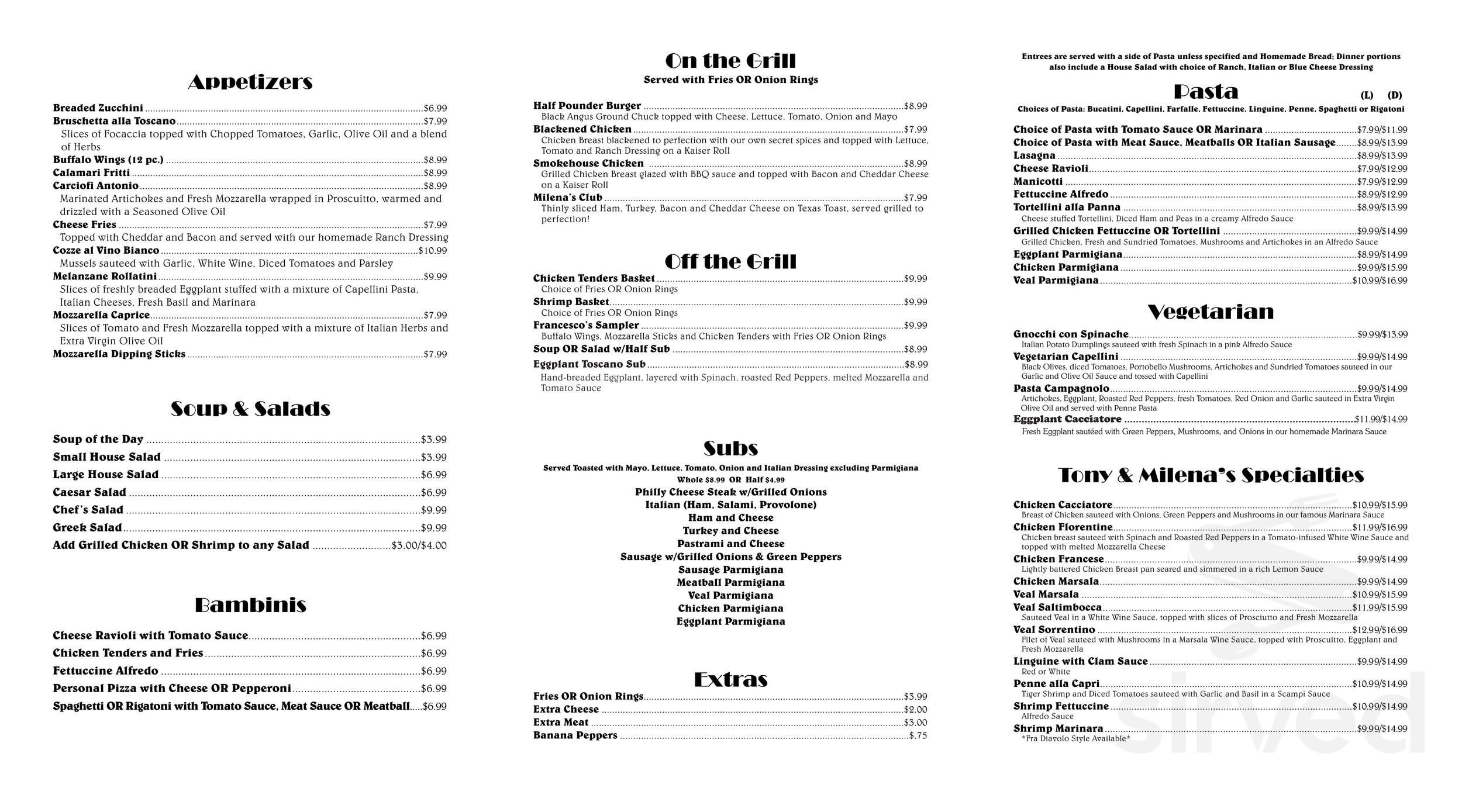 Tony & Milena's Pizzeria Inc menus in Hayes, Virginia, United States