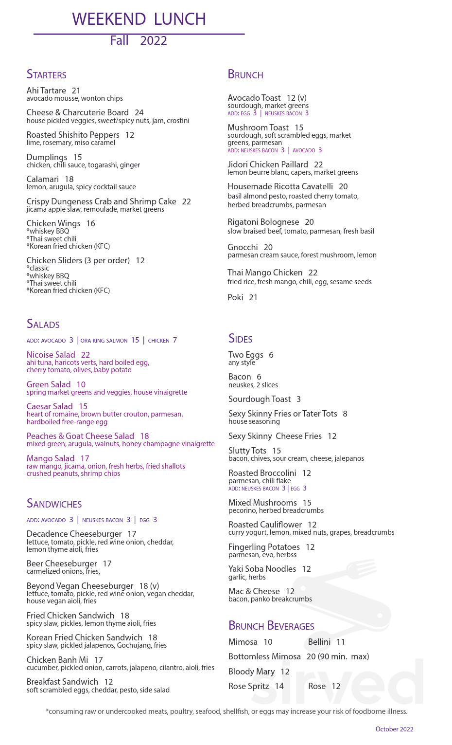 Decadence menu in Hermosa Beach, California, USA