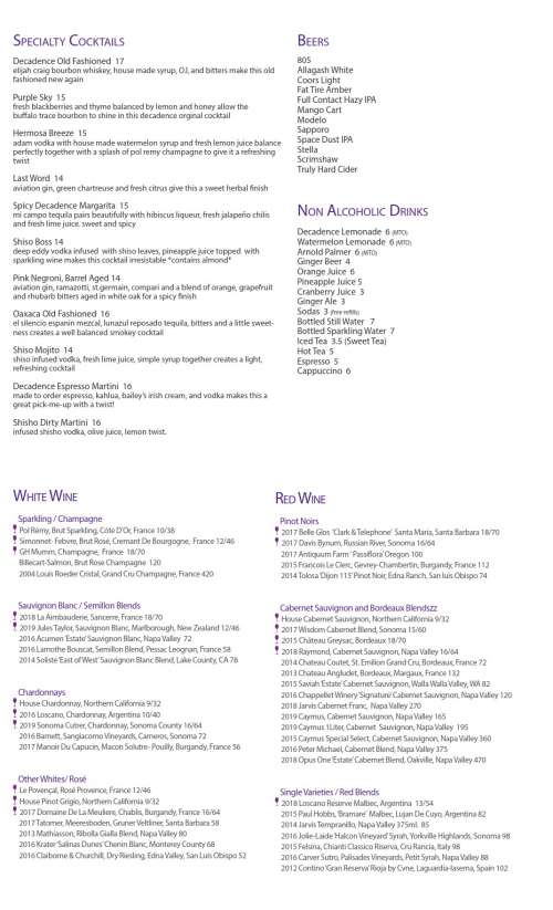 Decadence menu in Hermosa Beach, California, USA