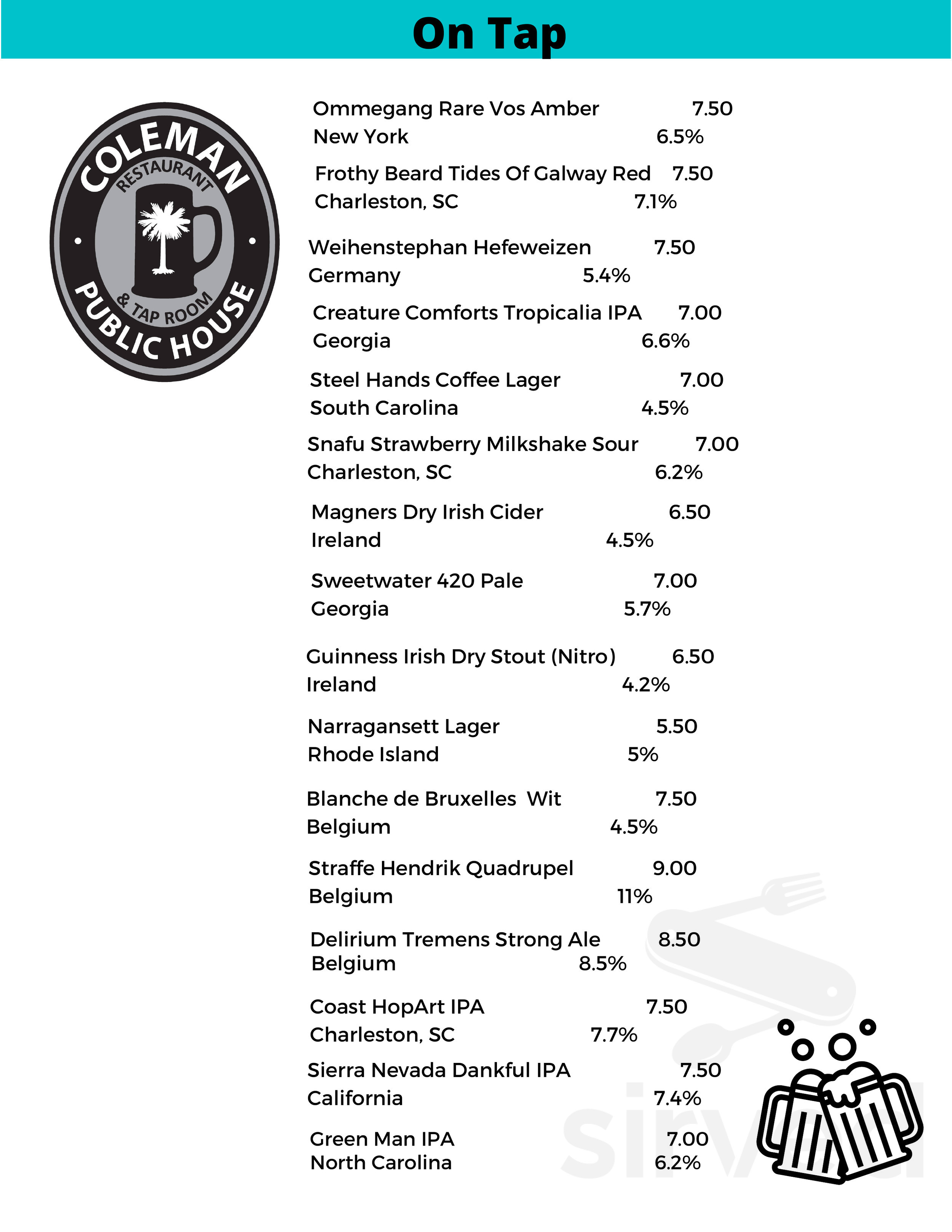 Coleman Public House menu in Mt Pleasant, South Carolina, USA