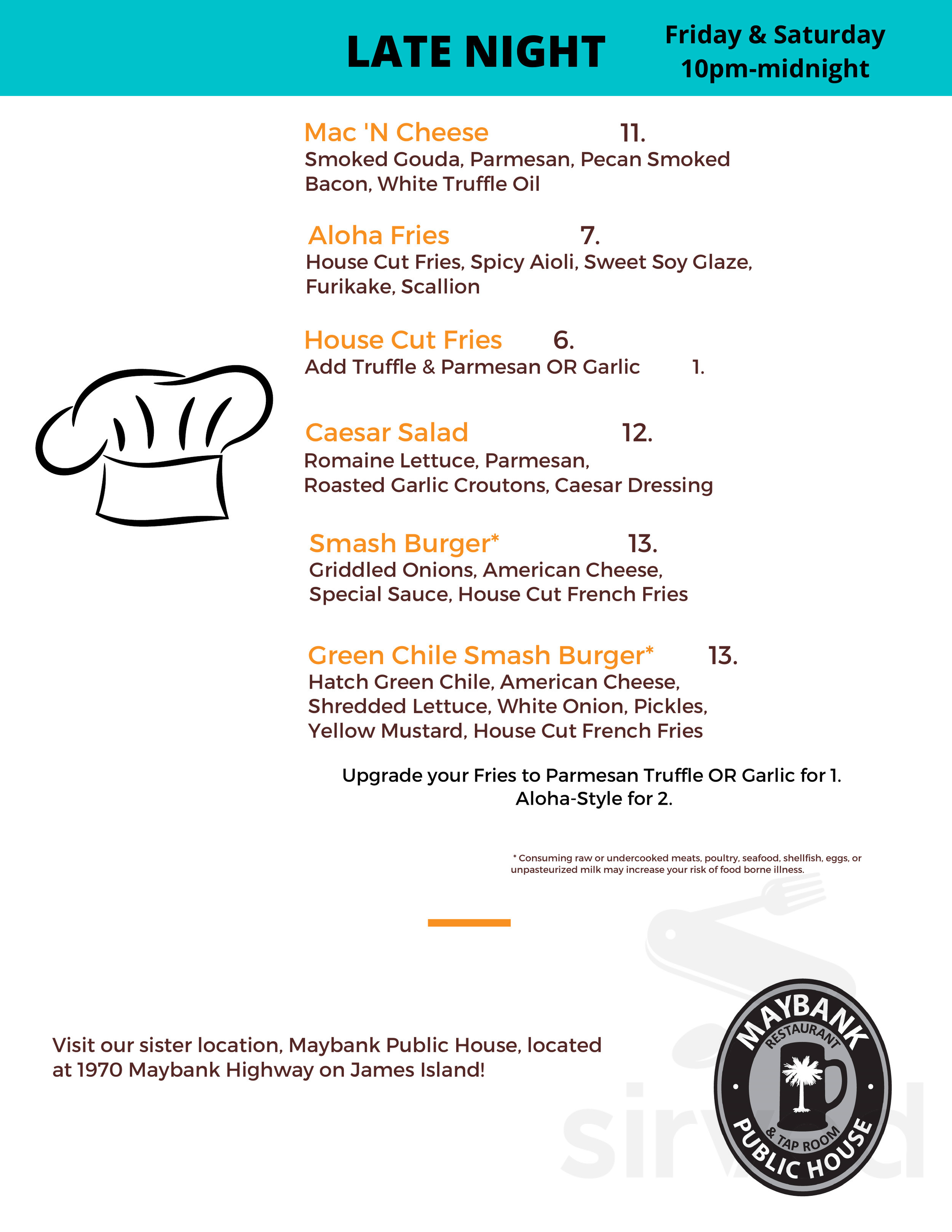 Coleman Public House menu in Mt Pleasant, South Carolina, USA