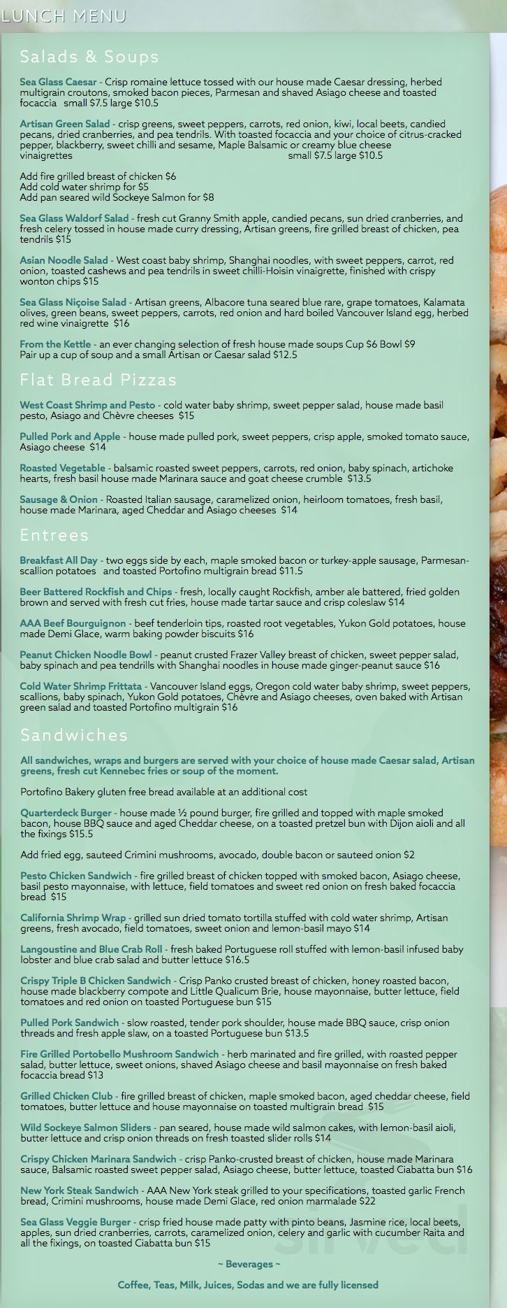 Menu - Sidney BC's Sea Glass Waterfront Grill | Sirved