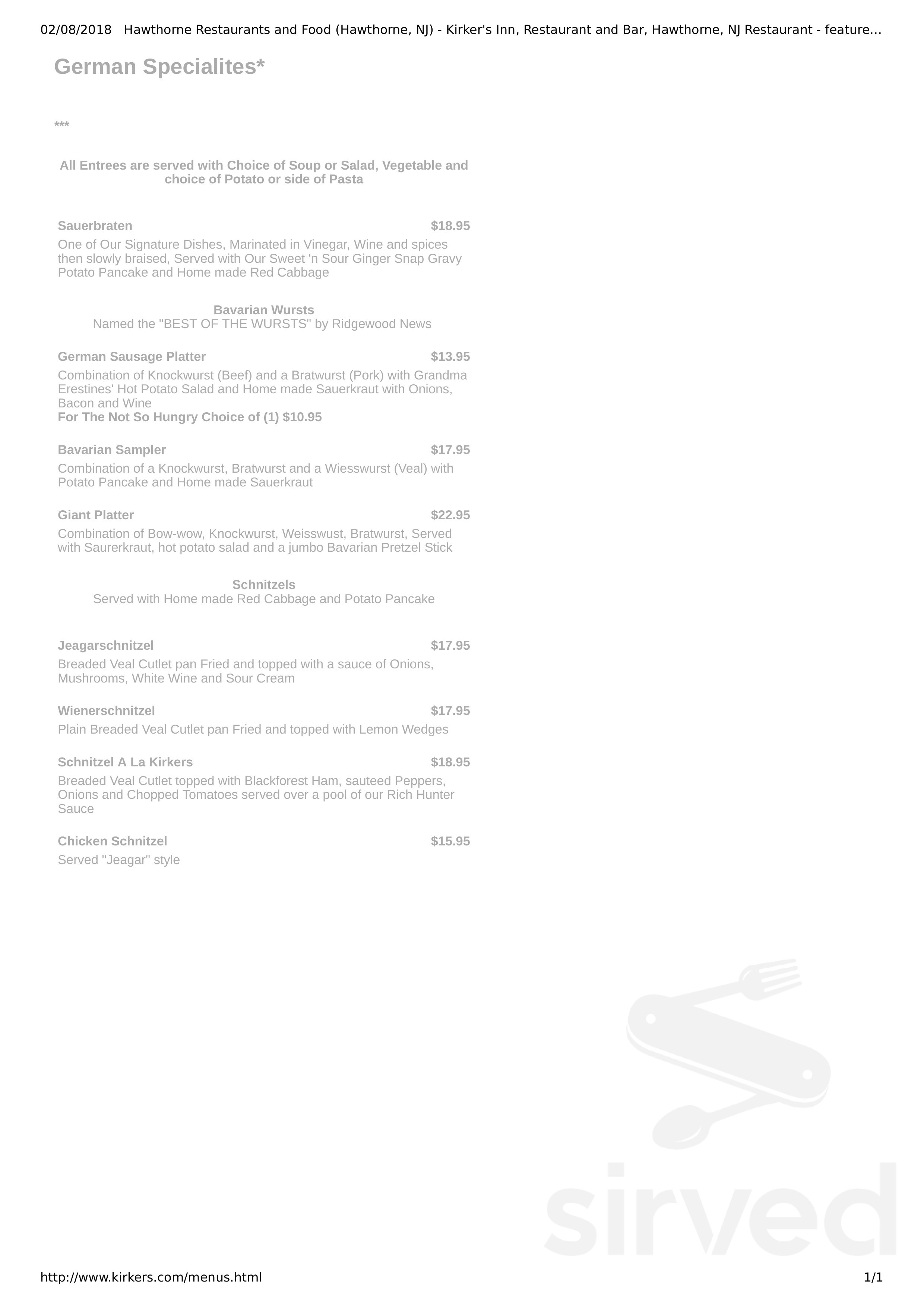 Kirker's Inn menu in Hawthorne, New Jersey, USA