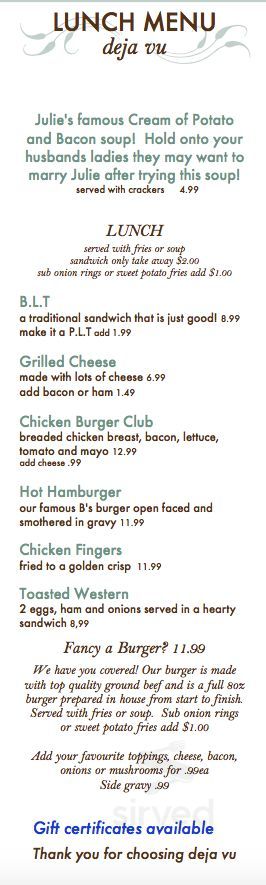 Deja Vu Diner Menu - Orangeville, Ontario | Sirved