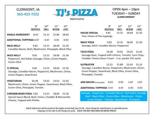TJ's Pizza menu in Clermont, Iowa, USA