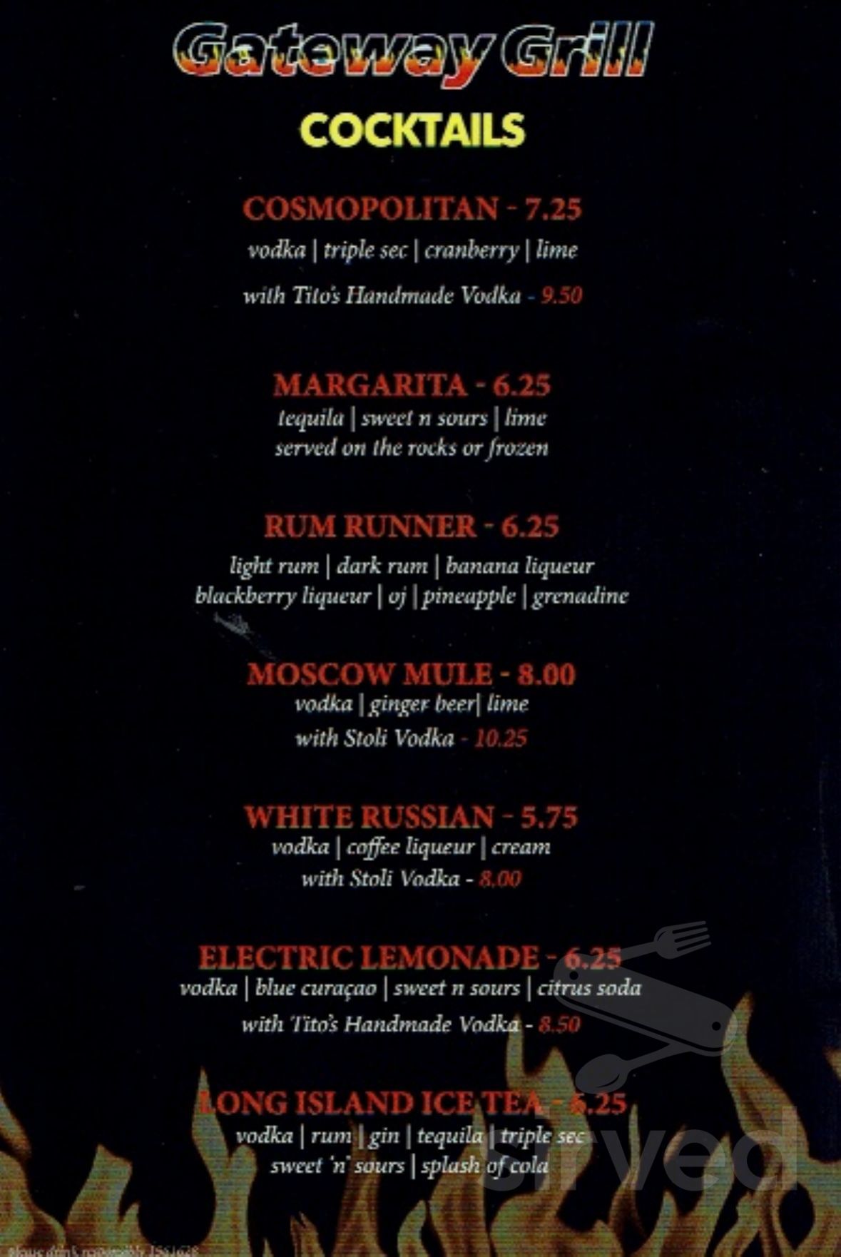 Gateway Grill menu in Monroeville, Pennsylvania, USA