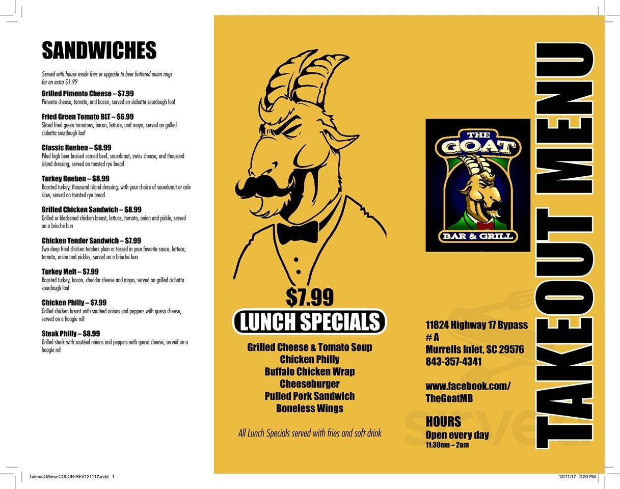 Menu for The Goat Bar & Grill in Murrells Inlet, SC | Sirved