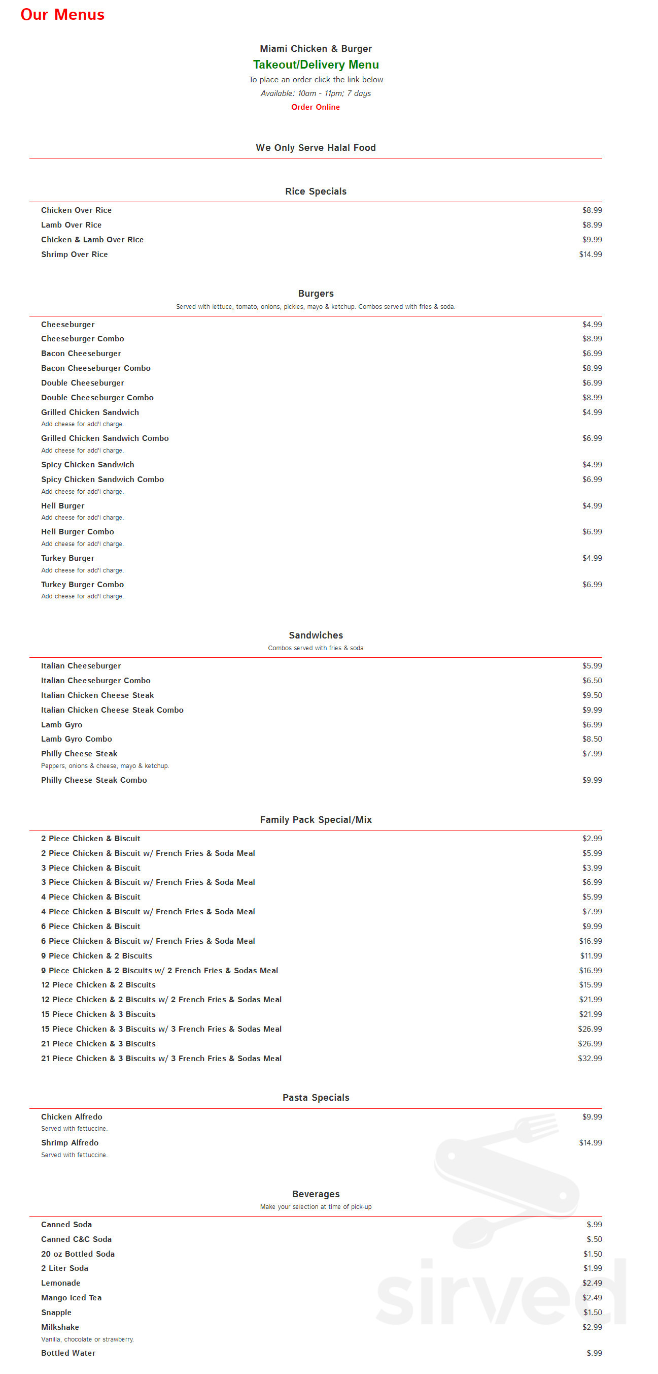 MIAMI CHICKEN & BURGER menu in Irvington, New Jersey, USA