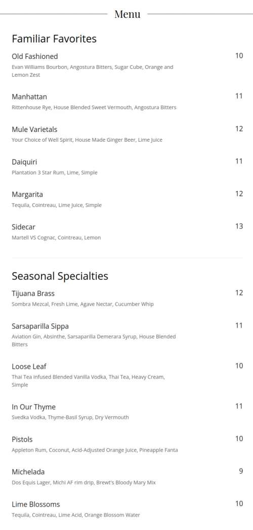 Inkwell menu in Omaha, Nebraska, USA