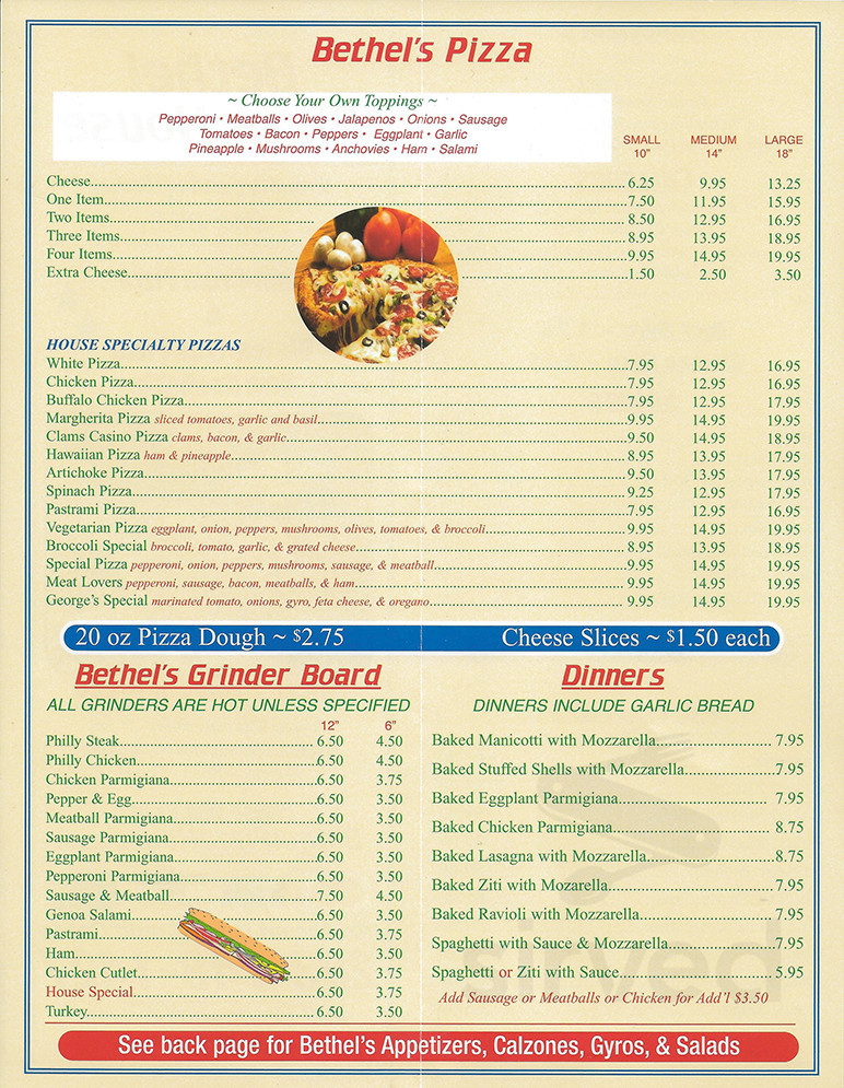 Bethel Pizza House menu in Bethel, Connecticut, USA