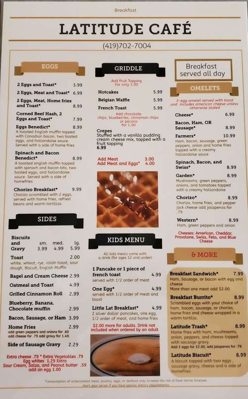Latitude cafe menu in Marblehead, Ohio, USA