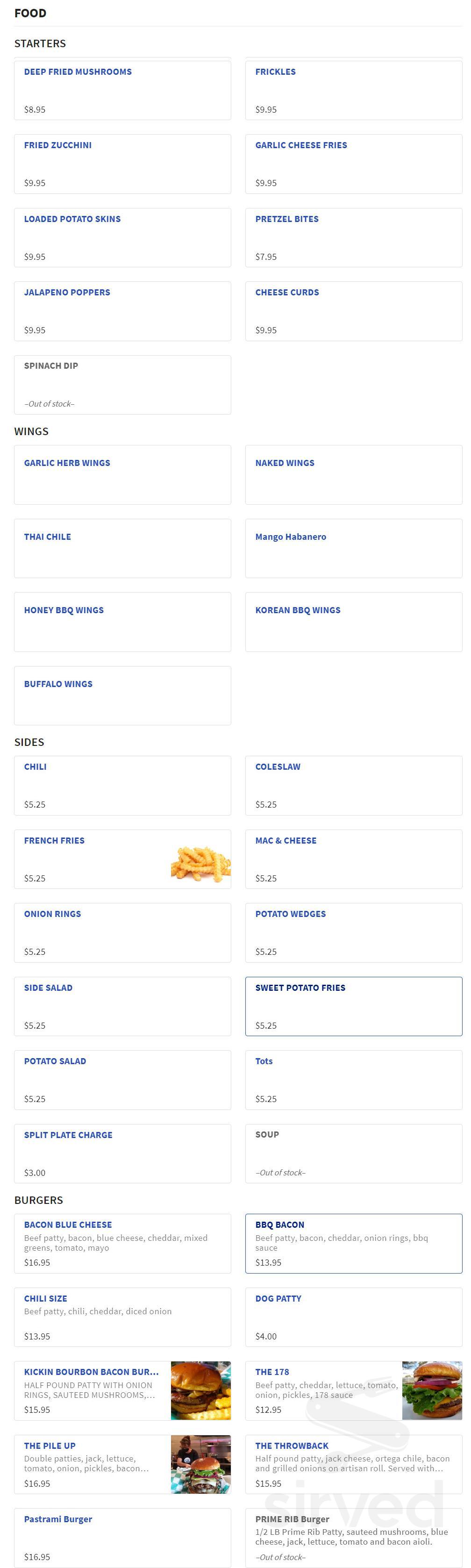 178 Bar & Grill menu in Lake Isabella, California, USA