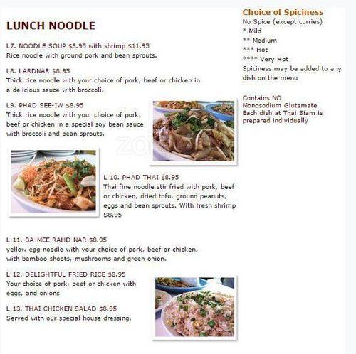 Thai Siam Restaurant menu in Seattle, Washington, USA