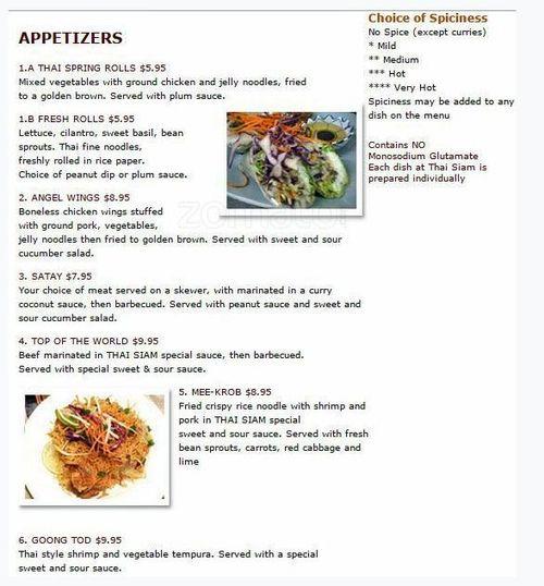 Thai Siam Restaurant menu in Seattle, Washington, USA