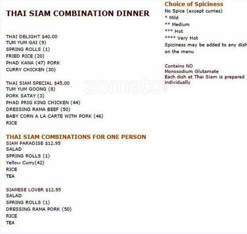 Thai Siam Restaurant menu in Seattle, Washington, USA