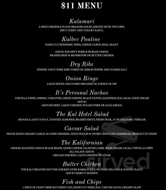 The Kal menu in Vernon, British Columbia, Canada