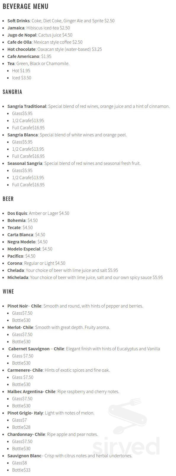 Menu - Somerville MA's Tu y Yo | Sirved