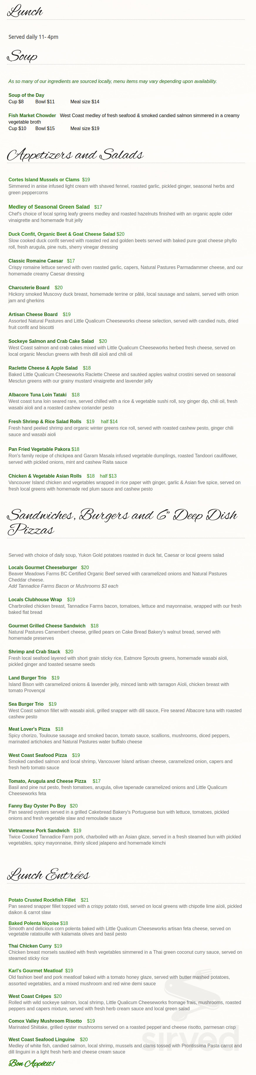 Locals Restaurant menu in Courtenay, British Columbia, Canada