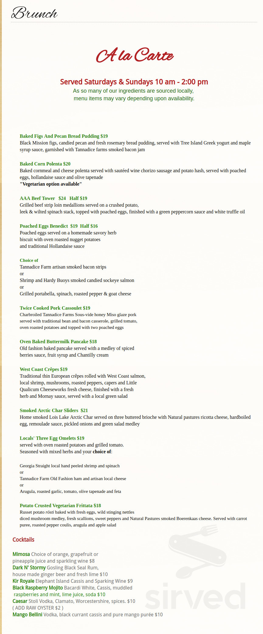 Locals Restaurant menu in Courtenay, British Columbia, Canada